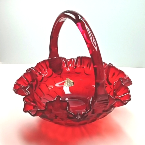 Fenton | Accents | Fenton Ruby Red Thumbprint Ruffle Edge Basket With ...
